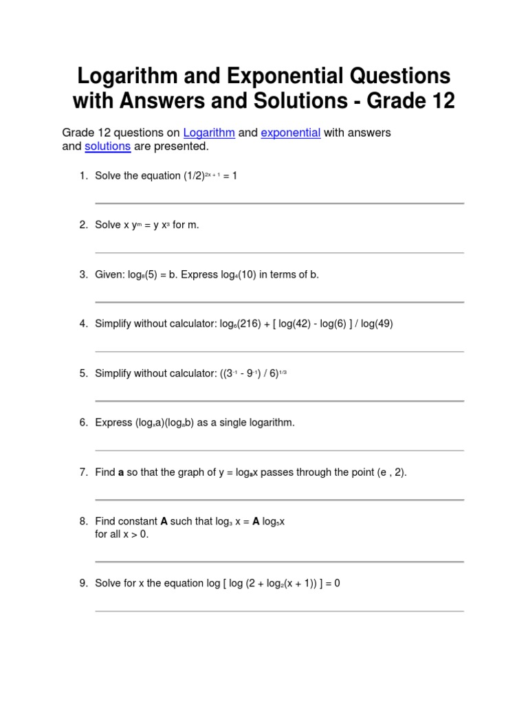 Logarithm and Exponential Questions With Answers and Solutions | PDF ...