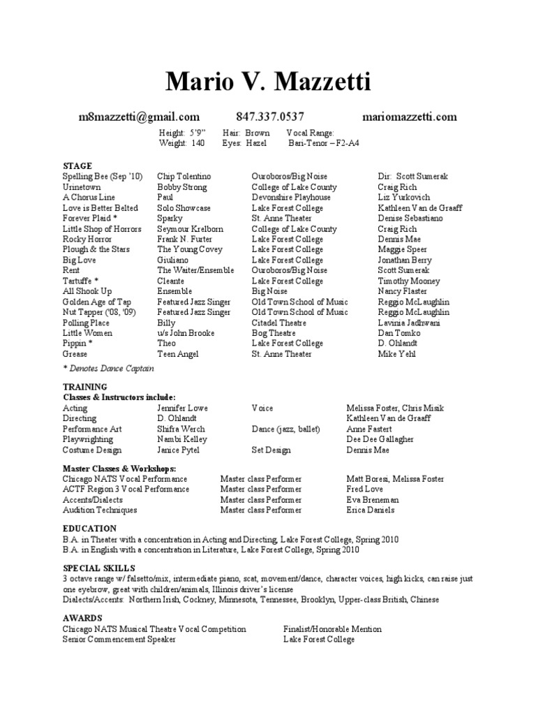 Mario Mazzetti Performance Resume | PDF | Performing Arts