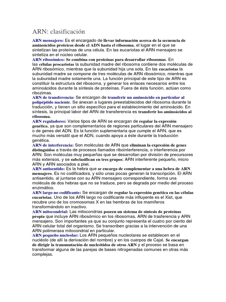 ARN: Clasificación | PDF | Rna | Ribosoma
