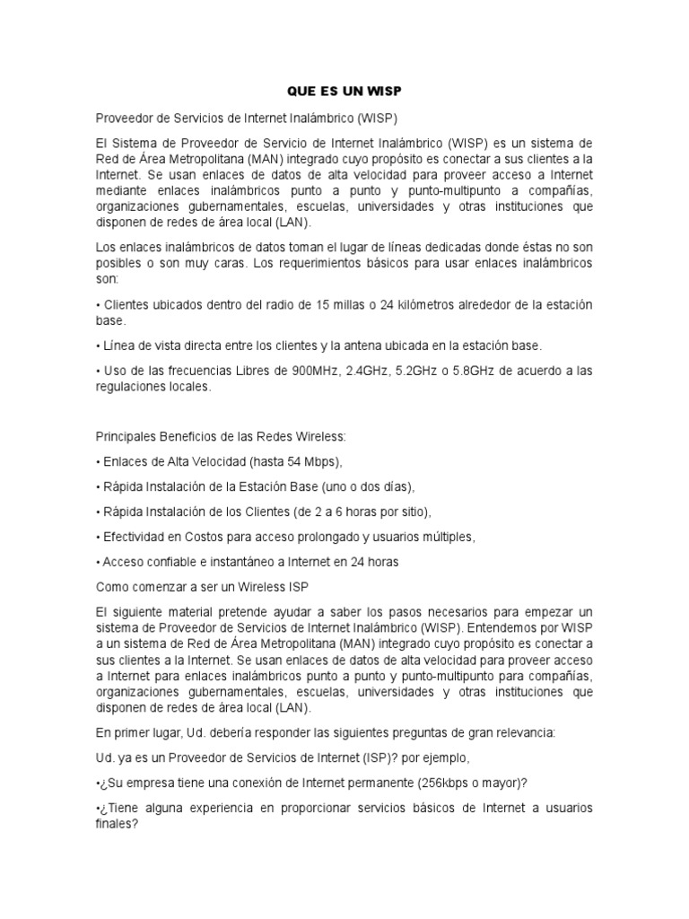 Qué es un WISP y su funcionamiento | PDF | Proveedor de servicios de ...
