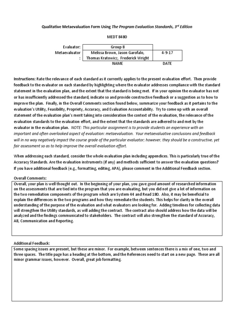 Qualitative Metaevaluation Form Using The Program Evaluation Standards, 3 | PDF | Program ...