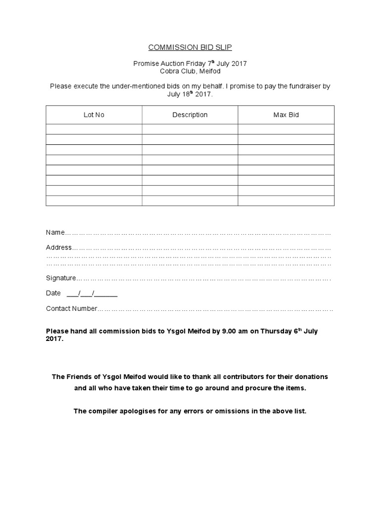 Commission Bid Slip for Auction | PDF