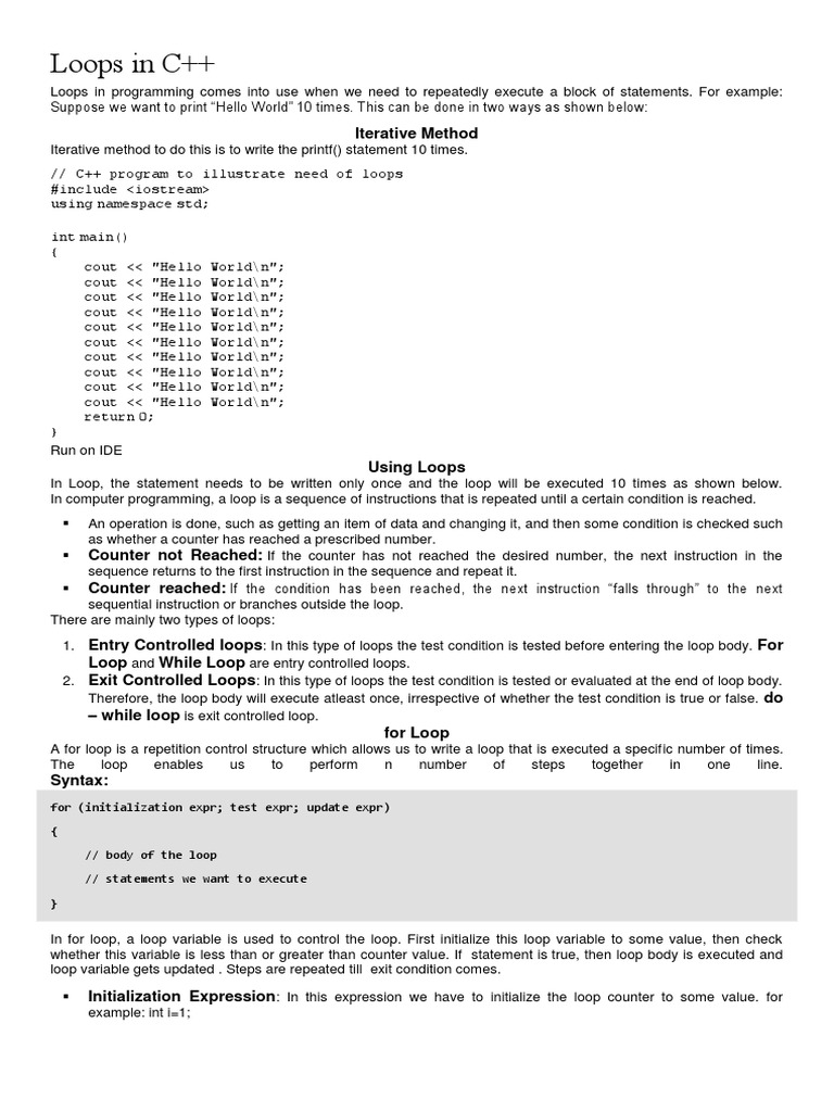 Loops in C++: Iterative Method | PDF | Control Flow | Areas Of Computer ...