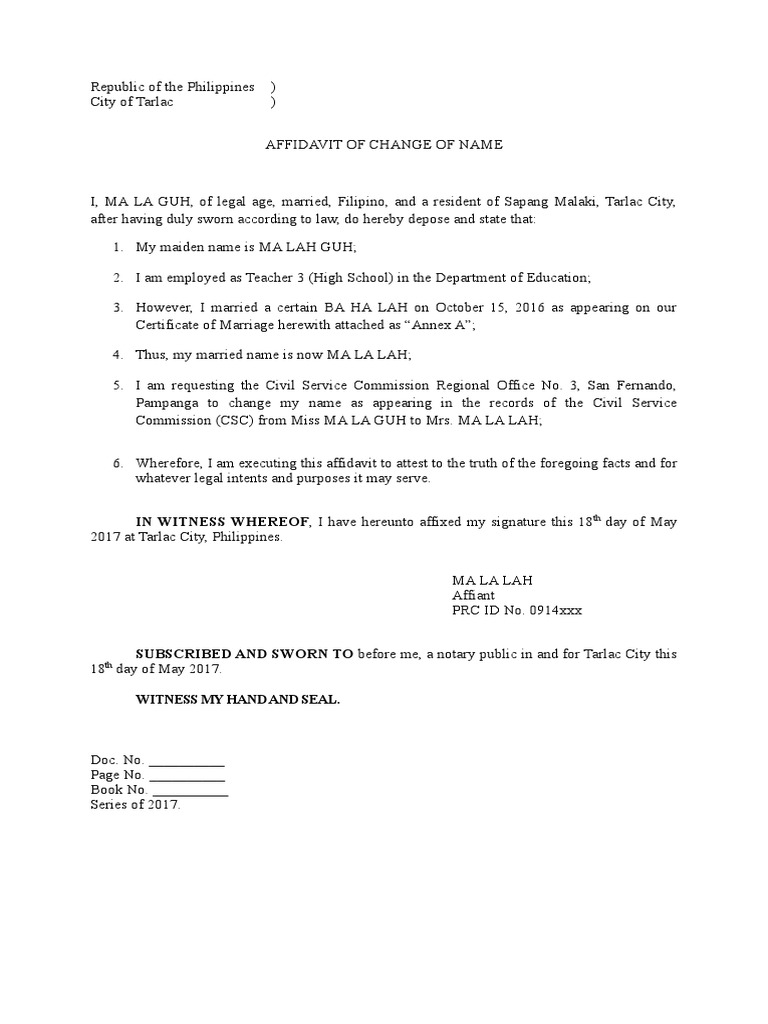 Affidavit of Change of Name Sample | PDF | Law