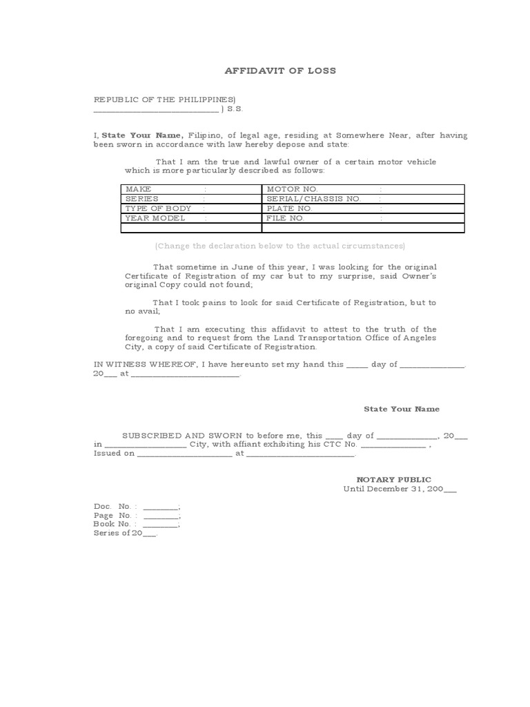 Sample Affidavit of Loss for Motor Vehicle | PDF | Law