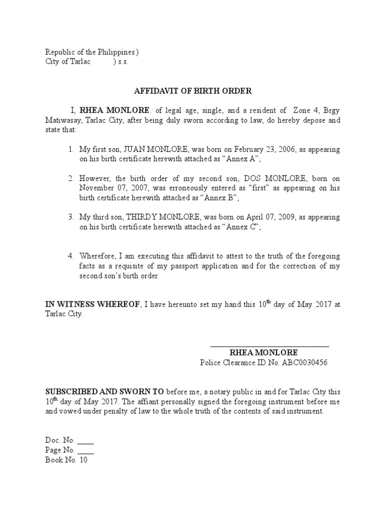 Affidavit, Birth Order | PDF