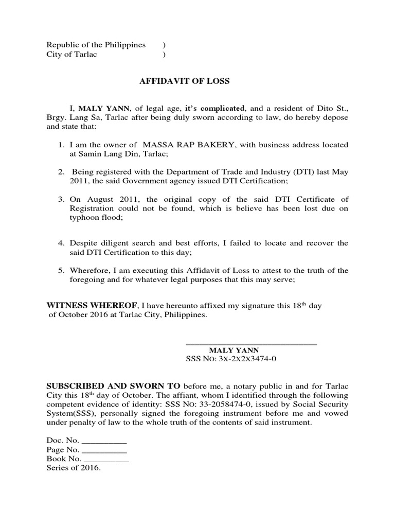 Affidavit of Loss Certificate of Registration BIR