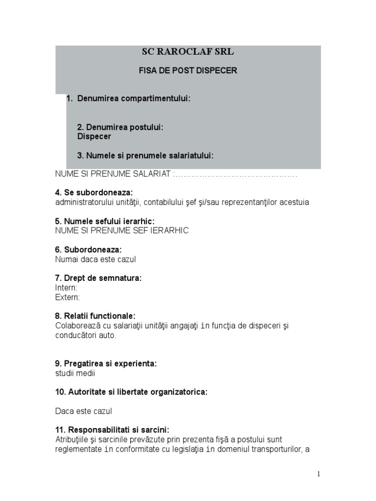 Fisa Post Dispecer | PDF