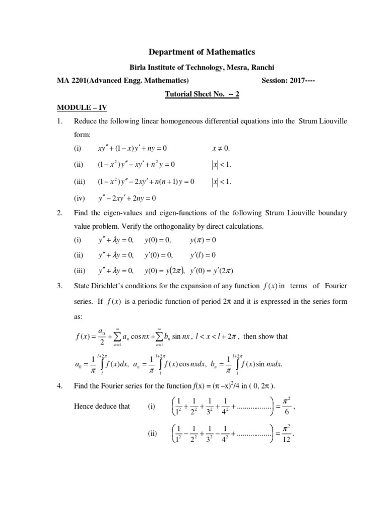 Tutorial Sheet-2 (MA2201) | PDF | Sine | Fourier Series