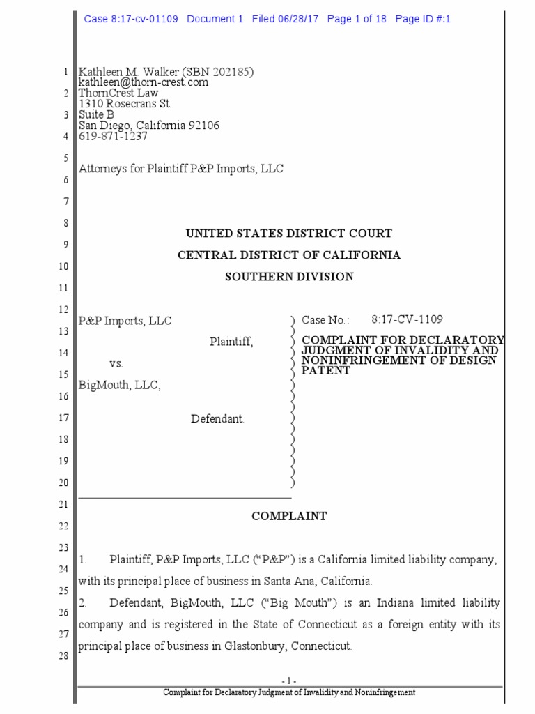 P&P Imports v. BigMouth - Complaint | PDF | Prior Art | Declaratory ...