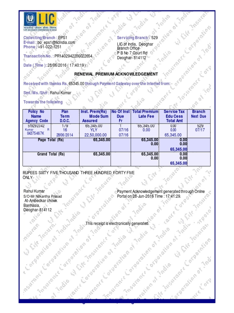 LIC Receipt PDF | Download Free PDF | Payments | Taxes