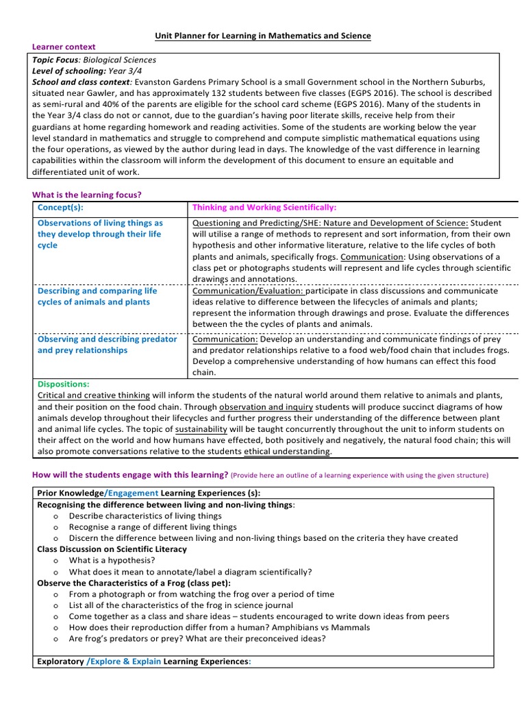 Unit Planner For Learning in Mathematics and Science | PDF | Frog ...
