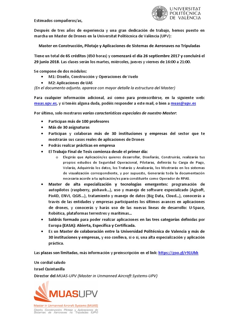 Presentacion Master Drones MUAS-UPV | PDF | Vehículo aéreo no tripulado ...