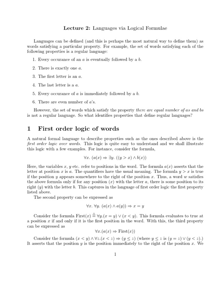 1 First Order Logic Of Words Languages Via Logical Formulae Pdf First Order Logic Logic
