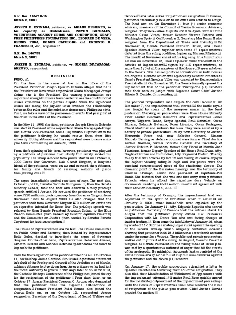 Joseph E. Estrada, Petitioner, vs. Aniano Desierto | PDF | President Of ...