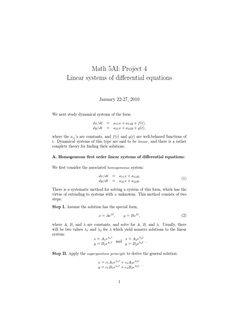Math 5ai Project 4 Linear Systems Of Differential Equations Pdf Eigenvalues And