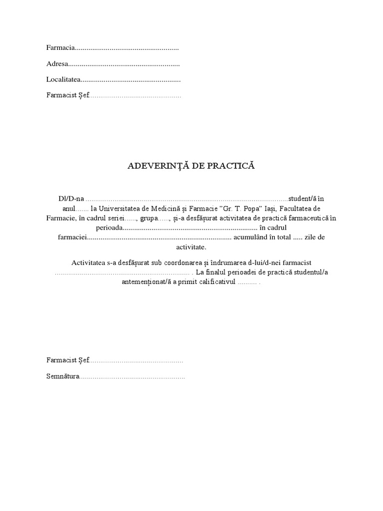 Adeverinta de Practica Farmacie | PDF