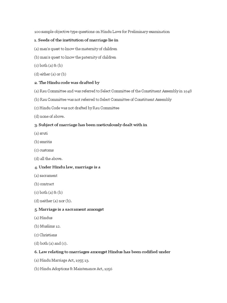 100 Sample Objective Type Questions On Hindu Laws | PDF | Annulment ...