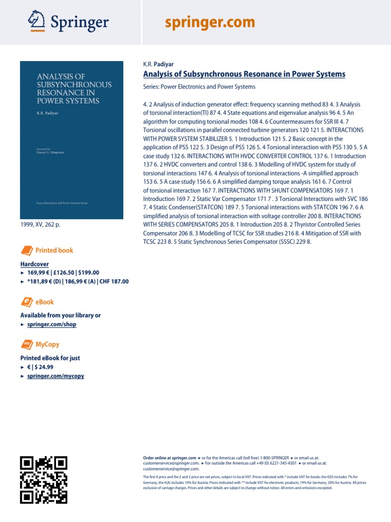Analysis of Subsynchronous Resonance in Power Systems: Printed Book | PDF | Electric Power ...