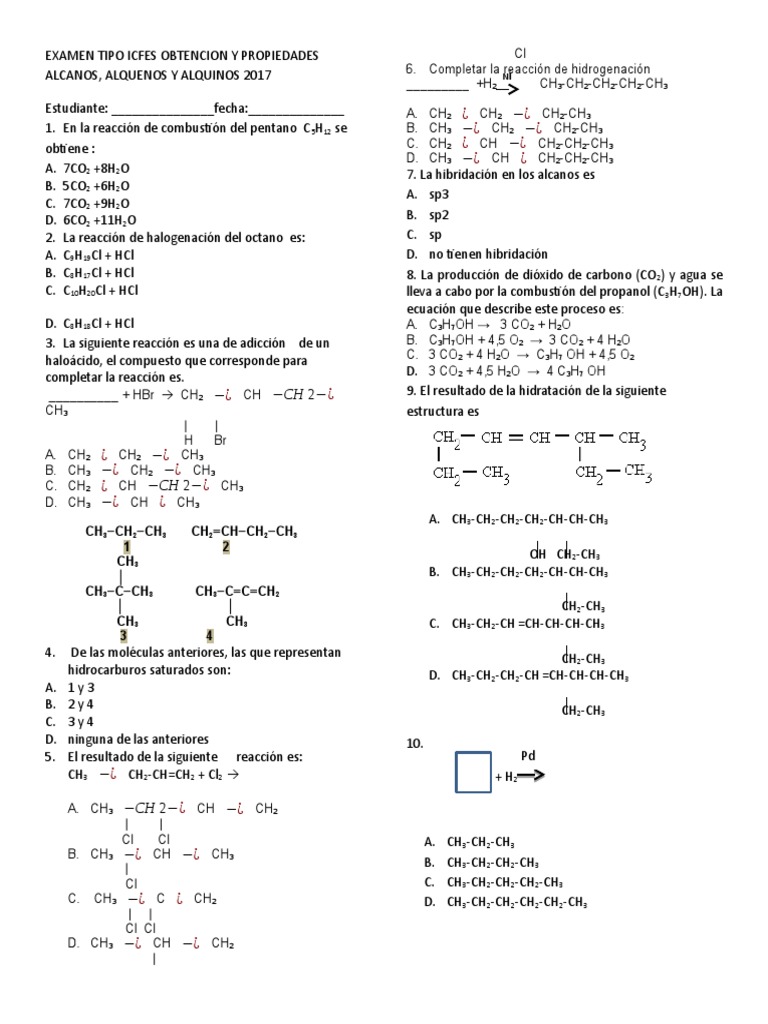 Examen Tipo Icfes Obtencion y Propiedades Alcanos | Alkane | Hydrogen ...