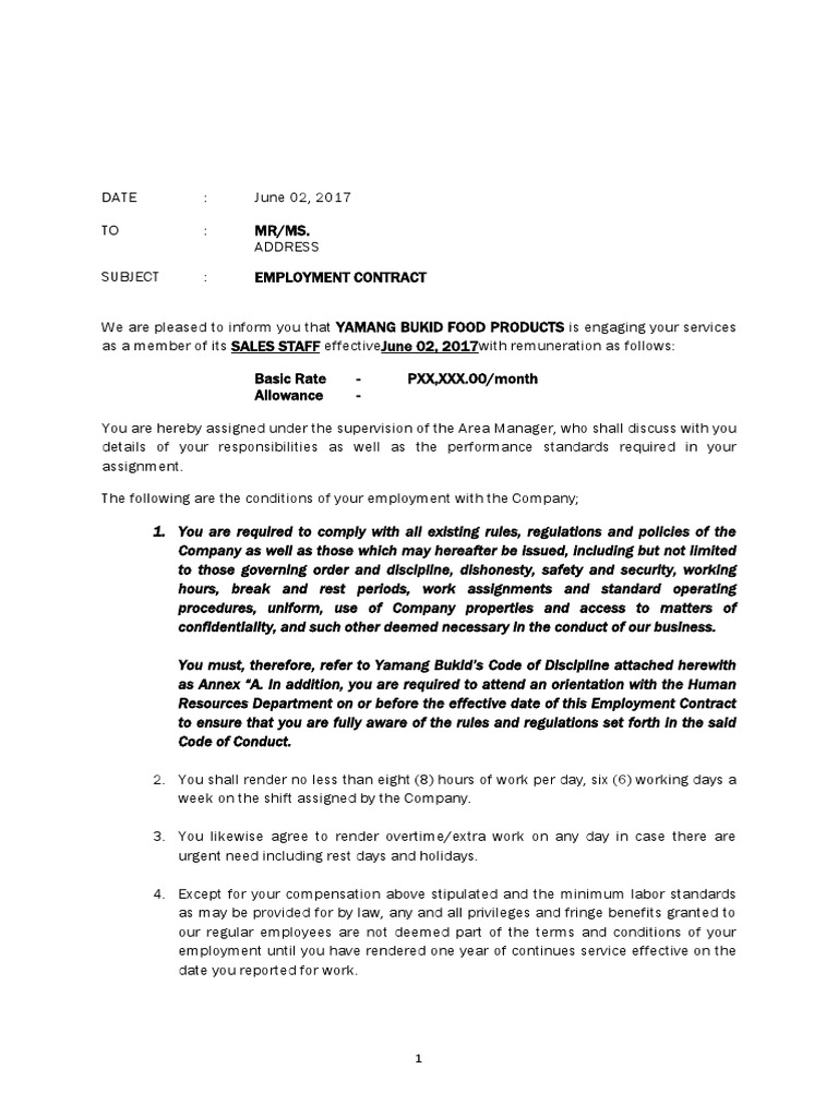 Contract of Employment Regularization Template | PDF | Working Time ...