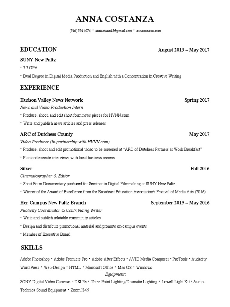 Anna Costanza Production Resume | PDF