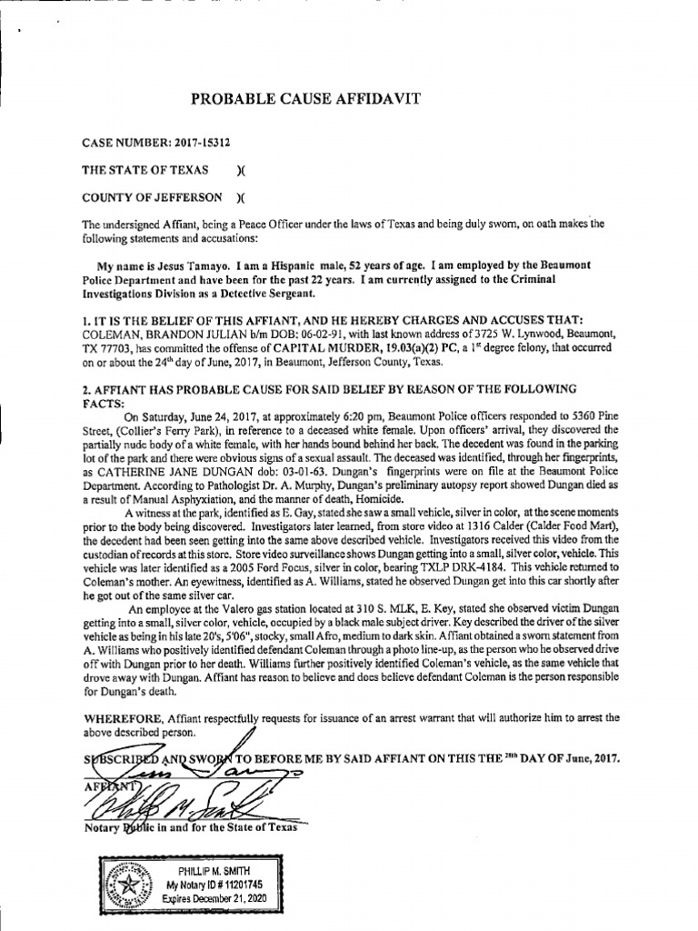 Brandon Coleman Probable Cause Affidavit | PDF | Crime Thriller