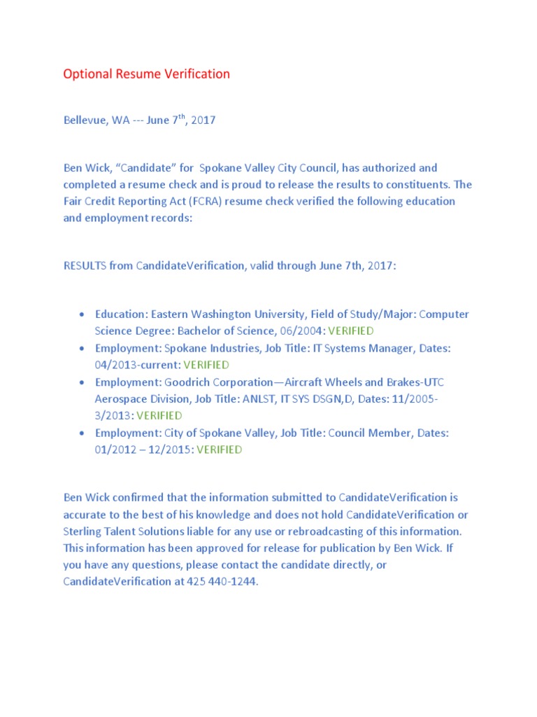 Ben Wick Optional Resume Verification | PDF