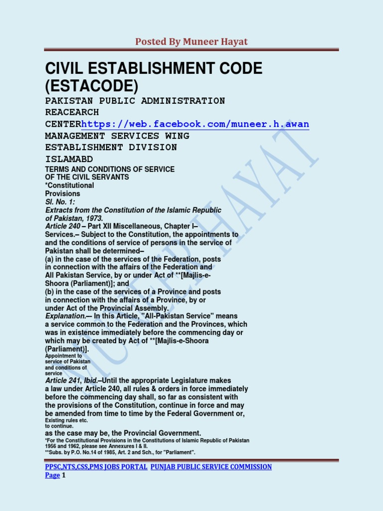 Civil Establishment Code | PDF | Government Of Pakistan | Parliament Of ...
