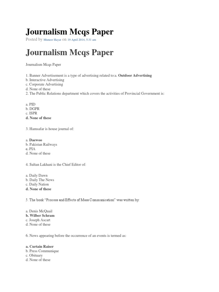 Journalism MCQs for Exams and Tests | PDF | Newspapers | Journalism