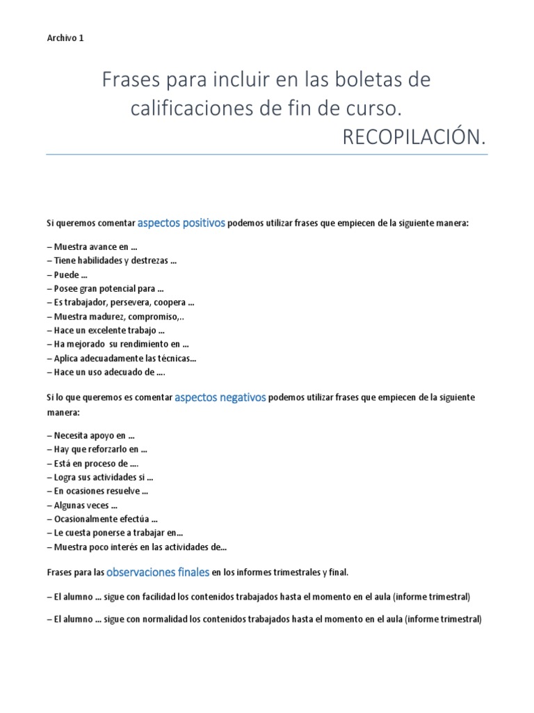 Frases para Incluir en Las Boletas de Calificaciones de Fin de Curso ...