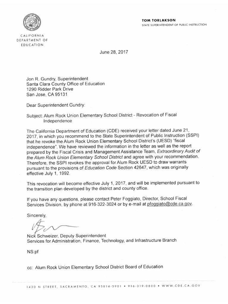 California Department of Education Letter Revoking Alum Rock Union ...