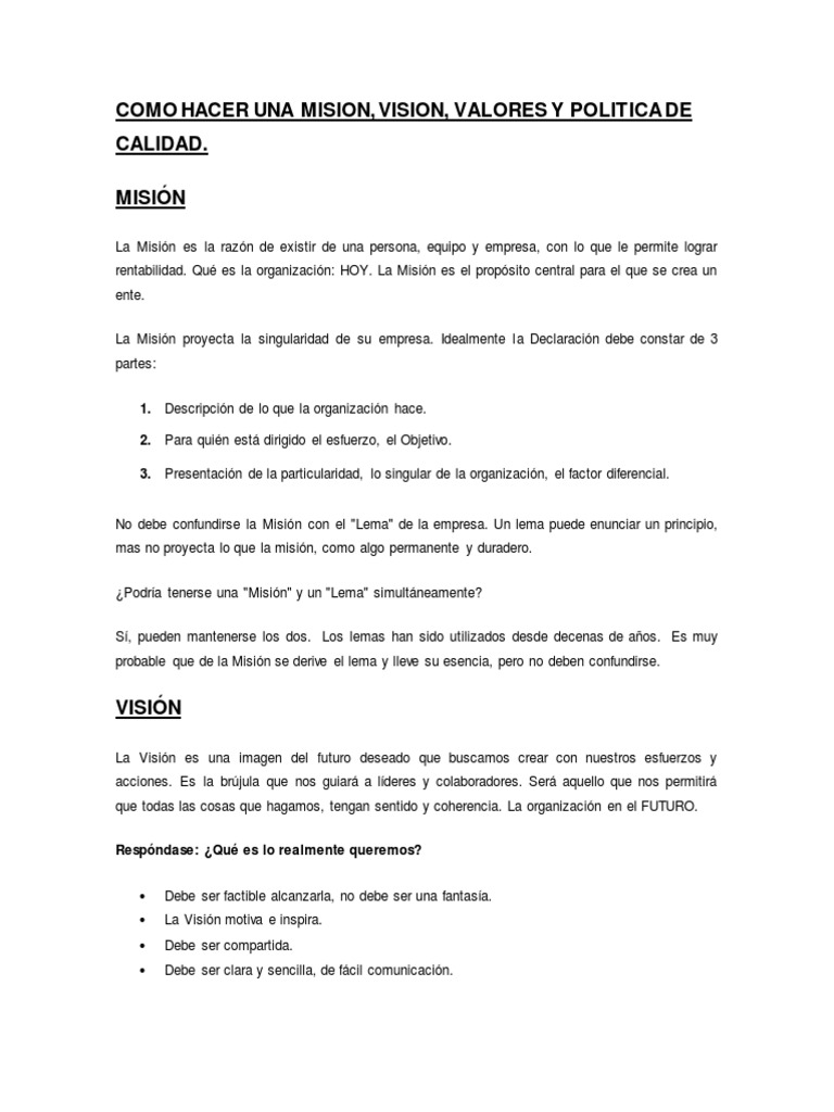 Como Hacer Una Mision, Vision, Valores y Politica de Calidad | PDF ...