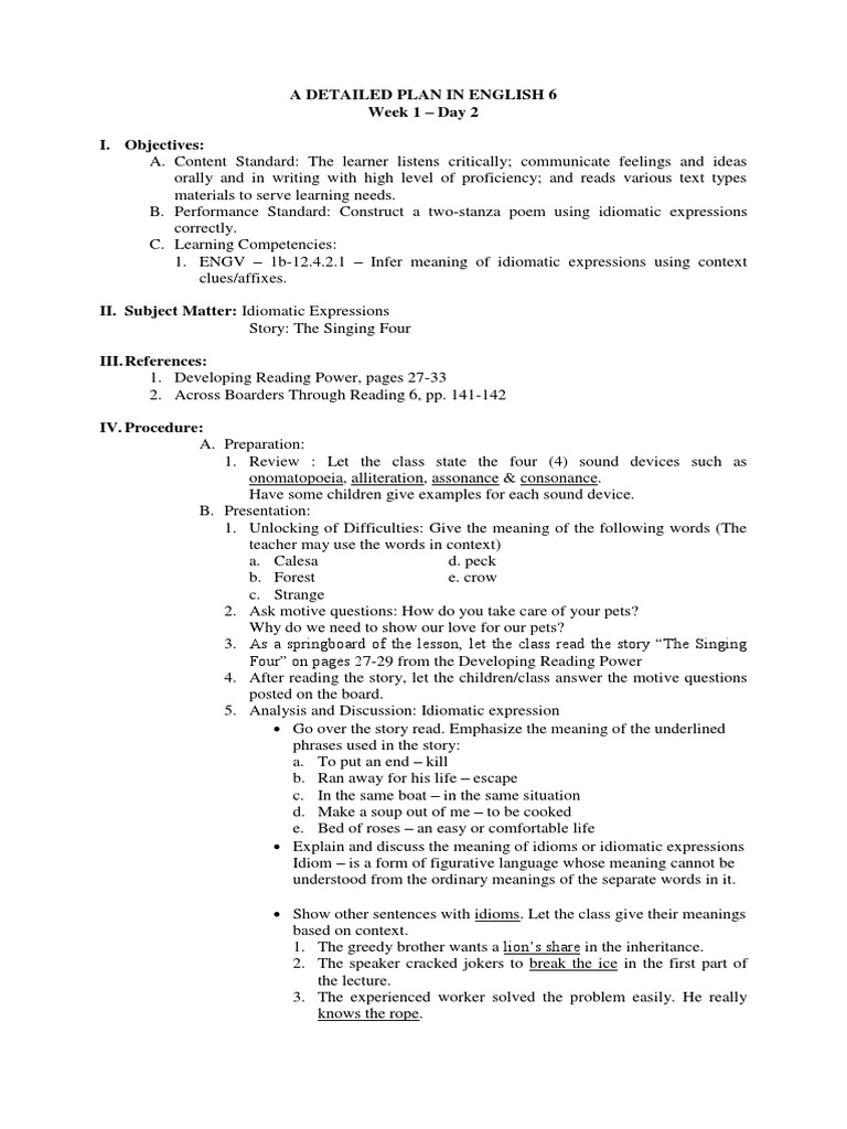 A Detailed Plan in English 6 Day 2 | PDF | Idiom | Human Communication