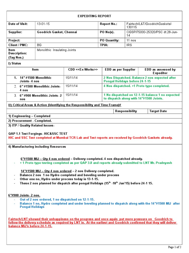 13 01 15 Expediting Report GoodrichGaskets | PDF | Business