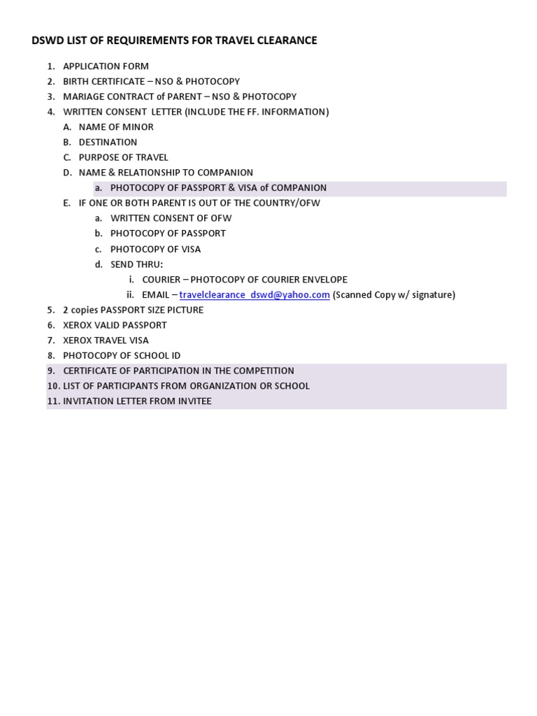 DSWD List of Requirements For Travel Clearance | PDF