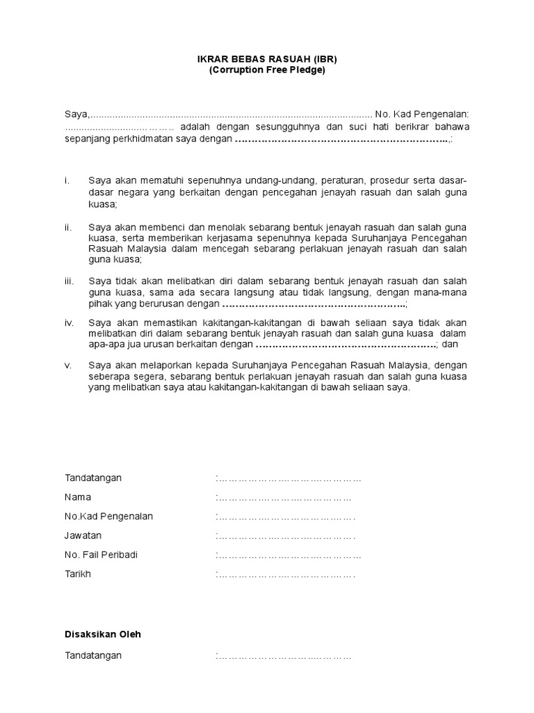 Borang Ikrar Bebas Rasuah | PDF