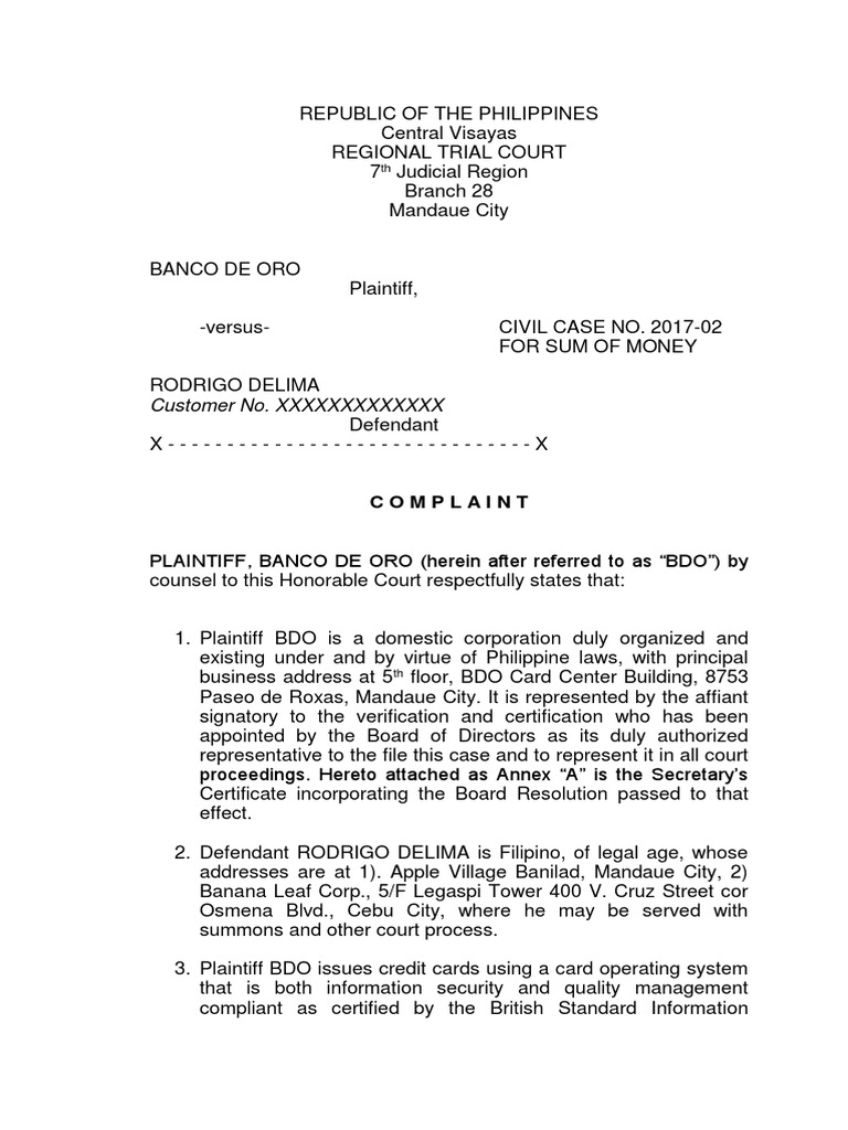 Complaint For Collection of Sum of Money | PDF | Bdo Unibank | Credit Card