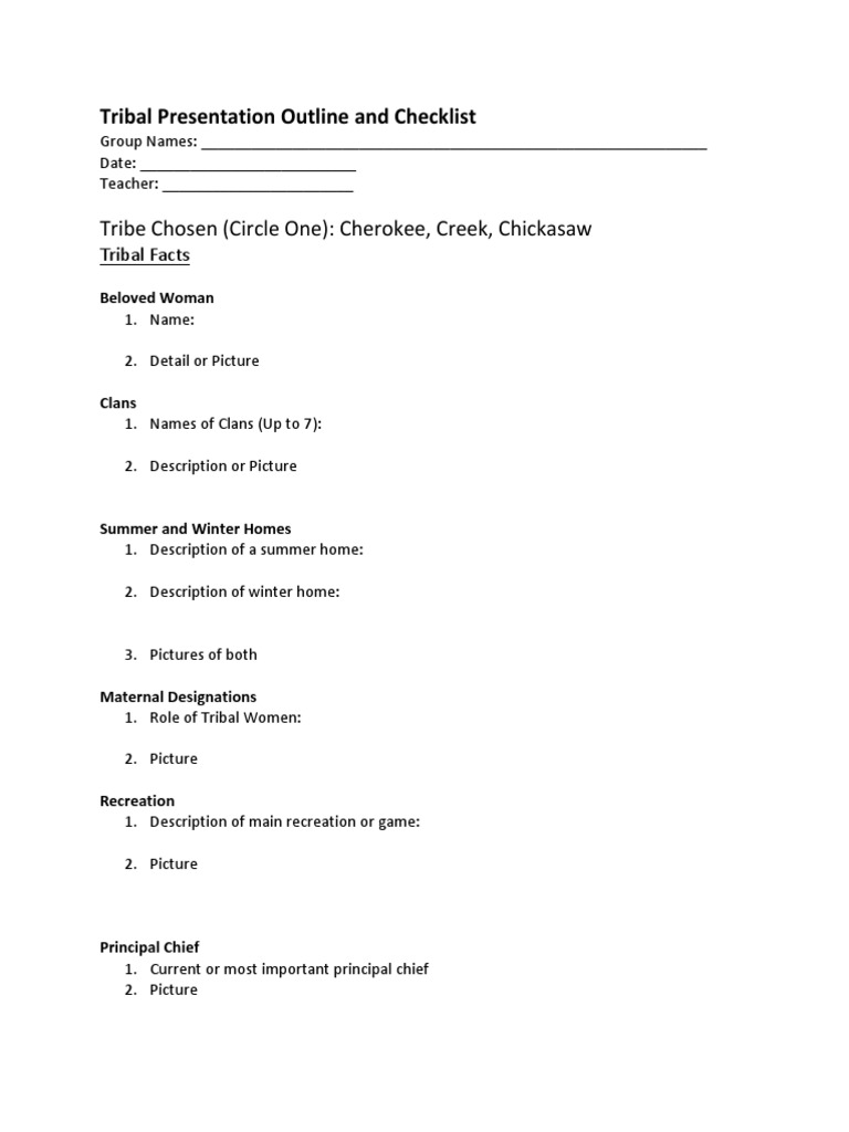 Tribal Presentation Outline and Checklist: Tribe Chosen (Circle One ...