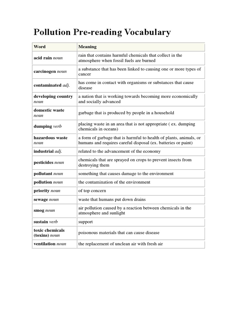 Pollution Vocabulary | PDF