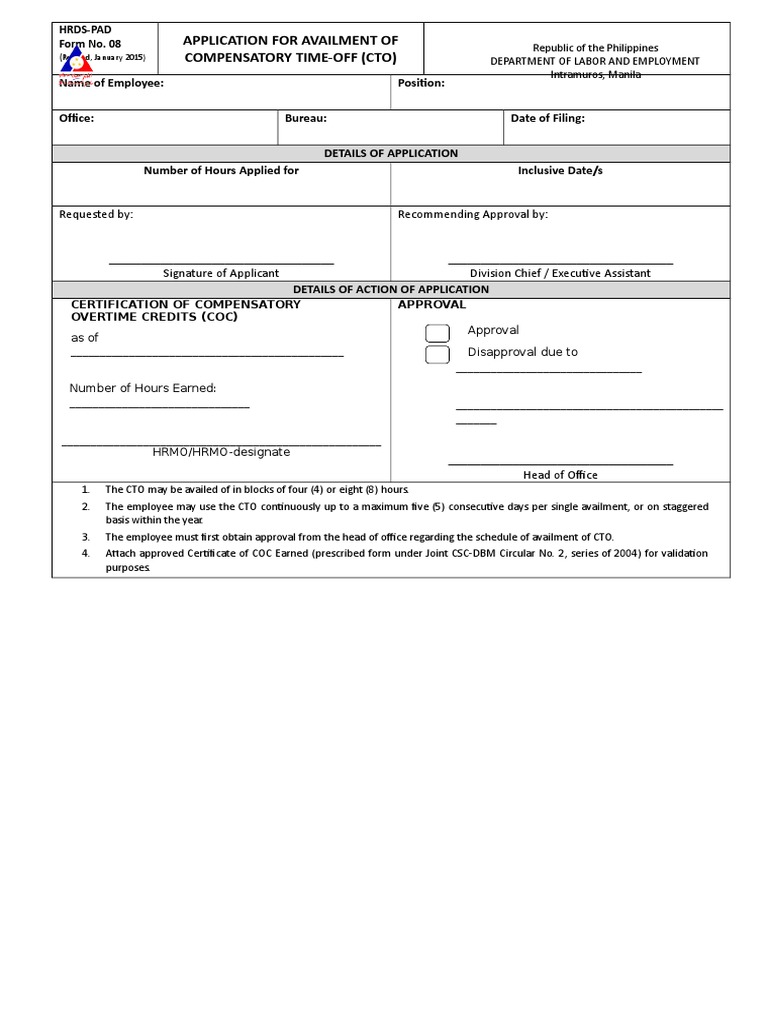 Hrds-Pad Form No. 8 - Compensatory Time-Off (Cto) Forms | PDF | Overtime | Labor