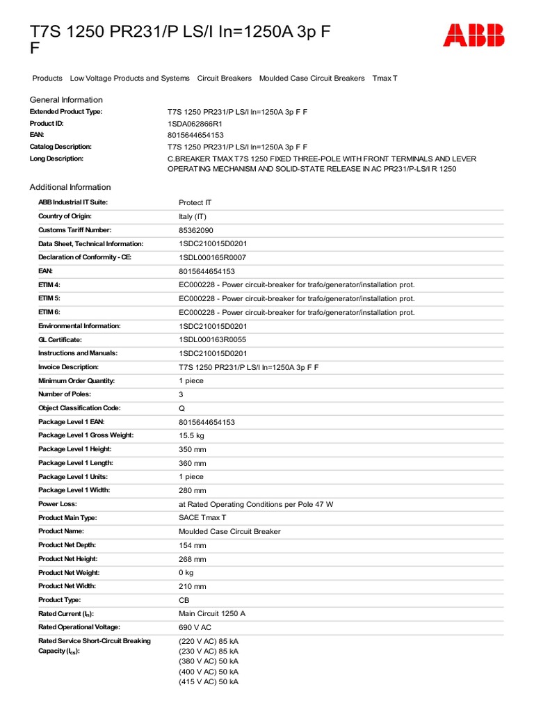 ABB Circuit Breaker 1250A | Electrical Equipment | Power (Physics ...