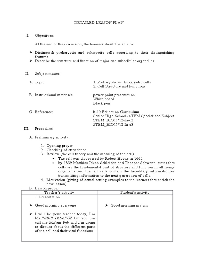 Lesson Plan On Cell Structure