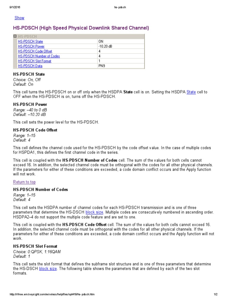 HS PDSCH (High Speed Physical Downlink Shared Channel) : Choice: On, Off Default: On | PDF ...