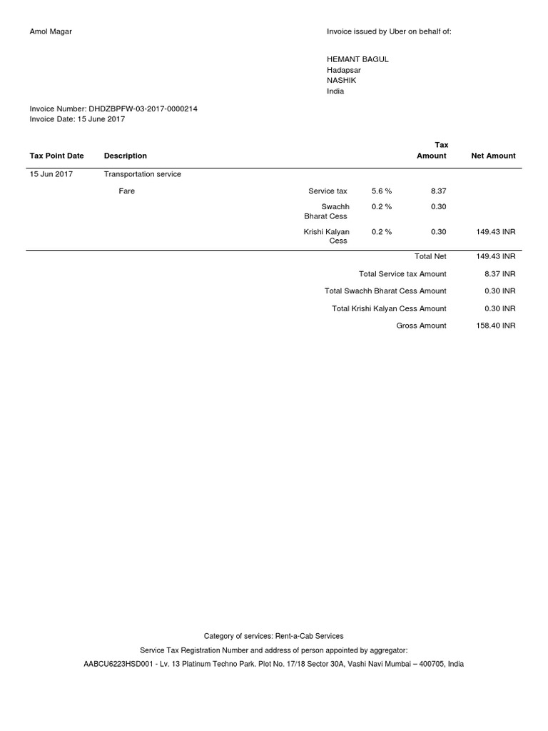 Uber Invoice for Transportation Service Provided to Hemant Bagul on ...