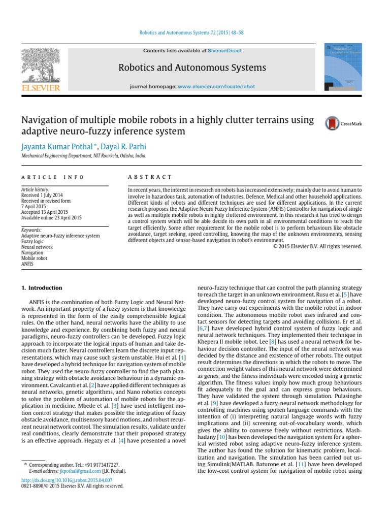 Navigation Of Multiple Mobile Robots In A Highly Clutter Terrains Using Adaptive Neuro Fuzzy