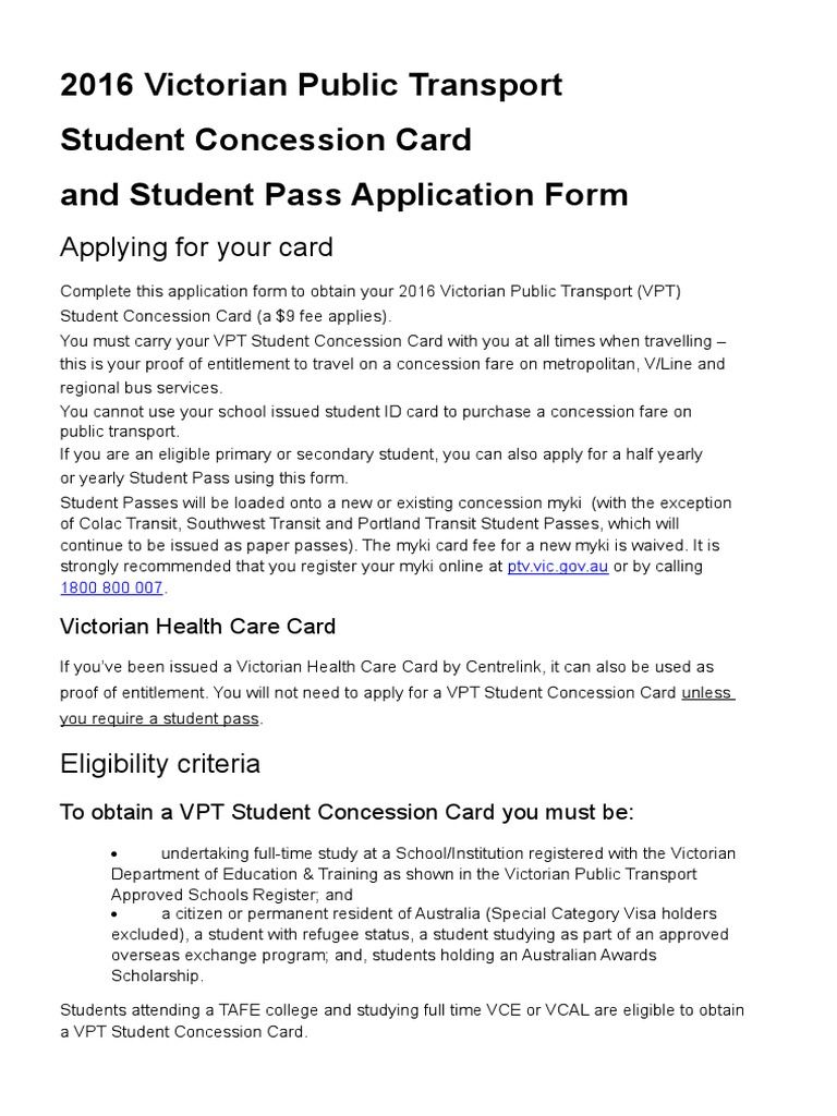 2016 Victorian Public Transport Student Concession Card and Student ...