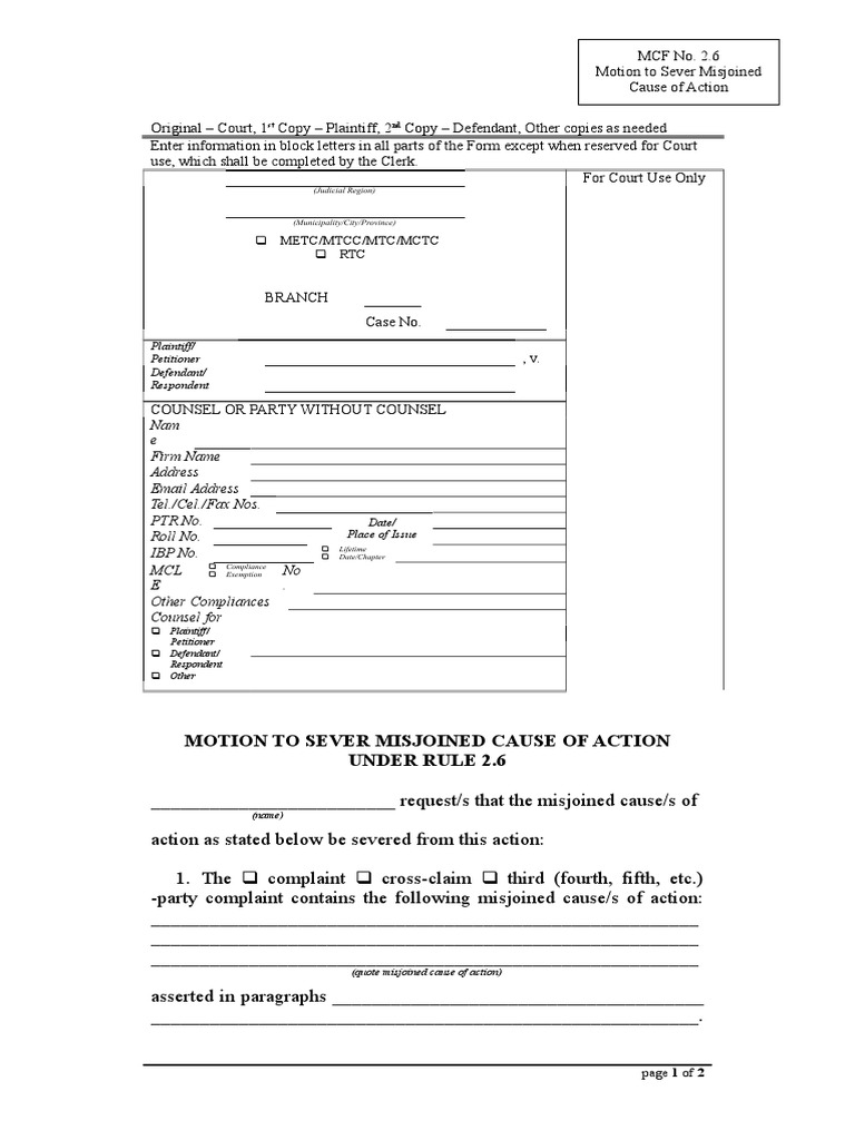 MCF 2.6 Motion To Sever Misjoined Cause of Action | Complaint | Virtue