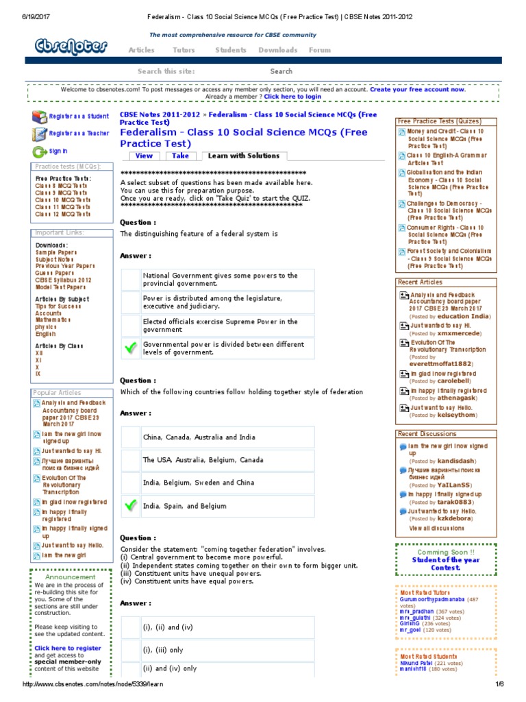 Federalism - Class 10 Social Science MCQs (Free Practice Test) _ CBSE ...