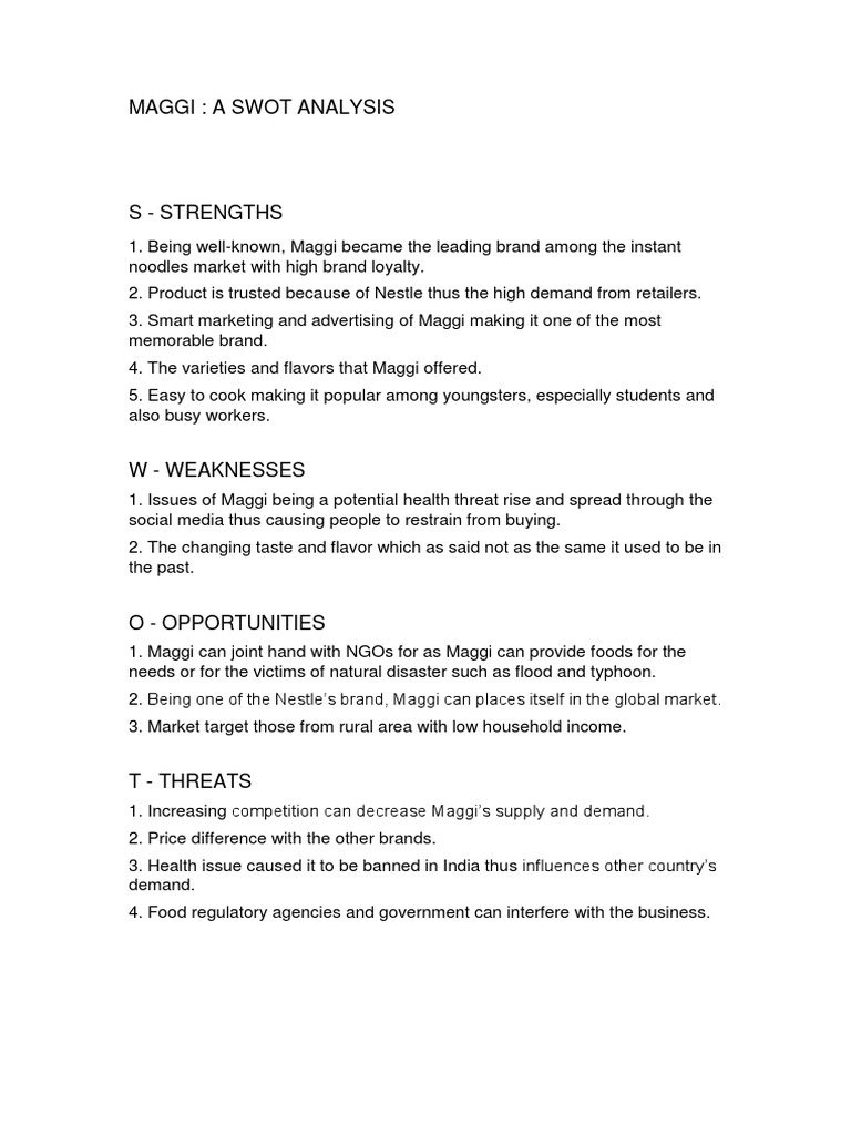 Maggi SWOT Analysis: Strengths, Weaknesses, Opportunities, Threats | PDF